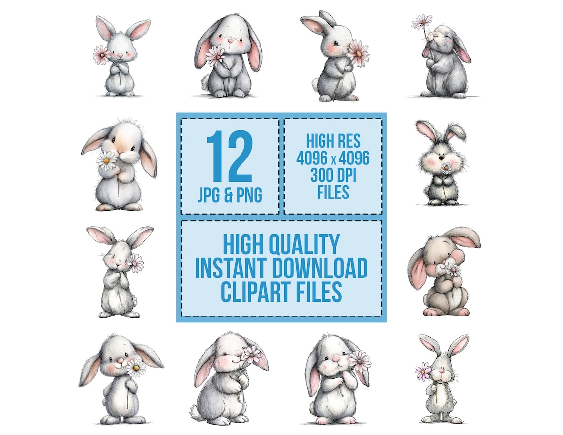 Rabbit PNG Clipart, 12 Daisy Bunny Clip Art Set, Printable Watercolor ...