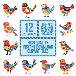 Folk Art Bird Clip Art, 12x Decorative Bird Clipart Set, Watercolor ...