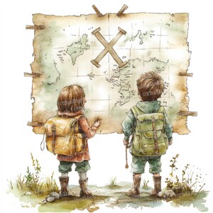 Adventure Kids Clip Art, 12x Watercolor Kids With Map Clipart Set ...