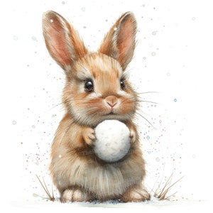 12 Bunny With Snowball Clipart, Winter Rabbit Clipart, Printable ...