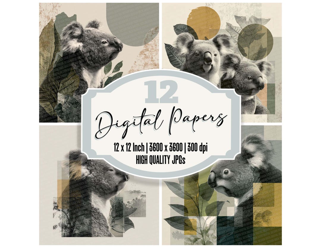 12x Koala Eucalyptus Moodboard Junk Journal Paper Digital Paper Pack ...
