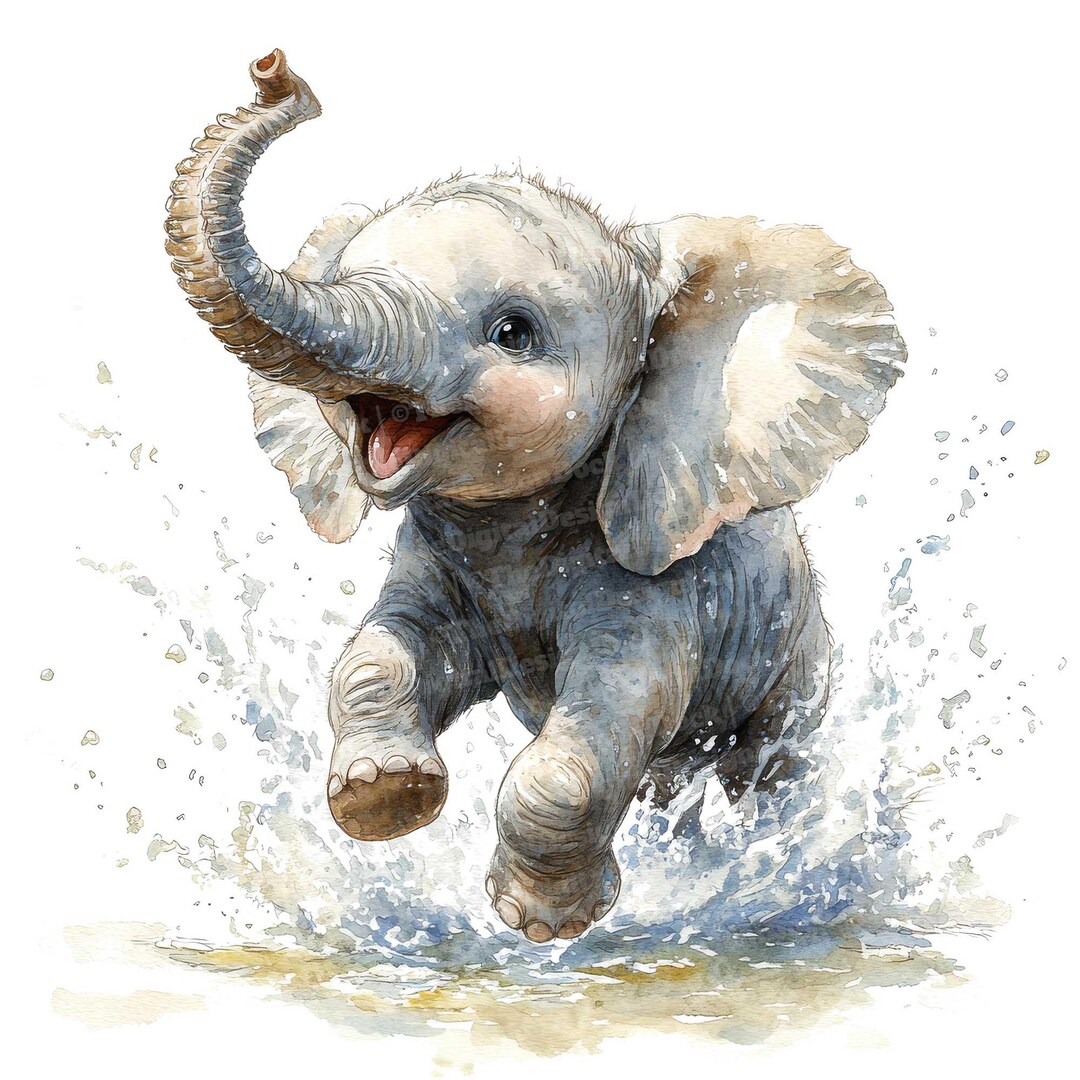 12x Elephant Clipart, Watercolor Baby Elephant Splashing Art, High ...