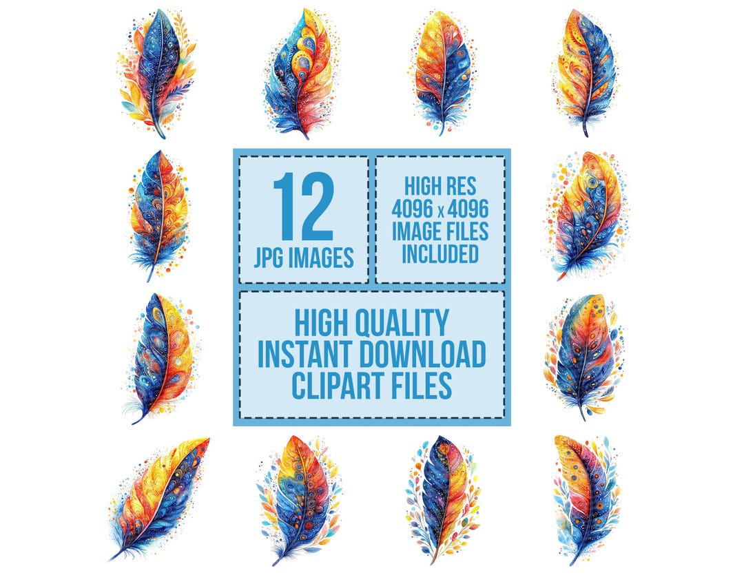 Colorful Feather Clipart, Boho Feather Clipart, Printable Watercolor ...