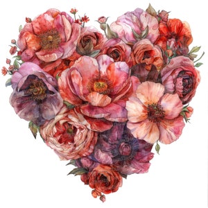 12 Floral Heart Clipart, Watercolor Flower Clipart, Printable ...