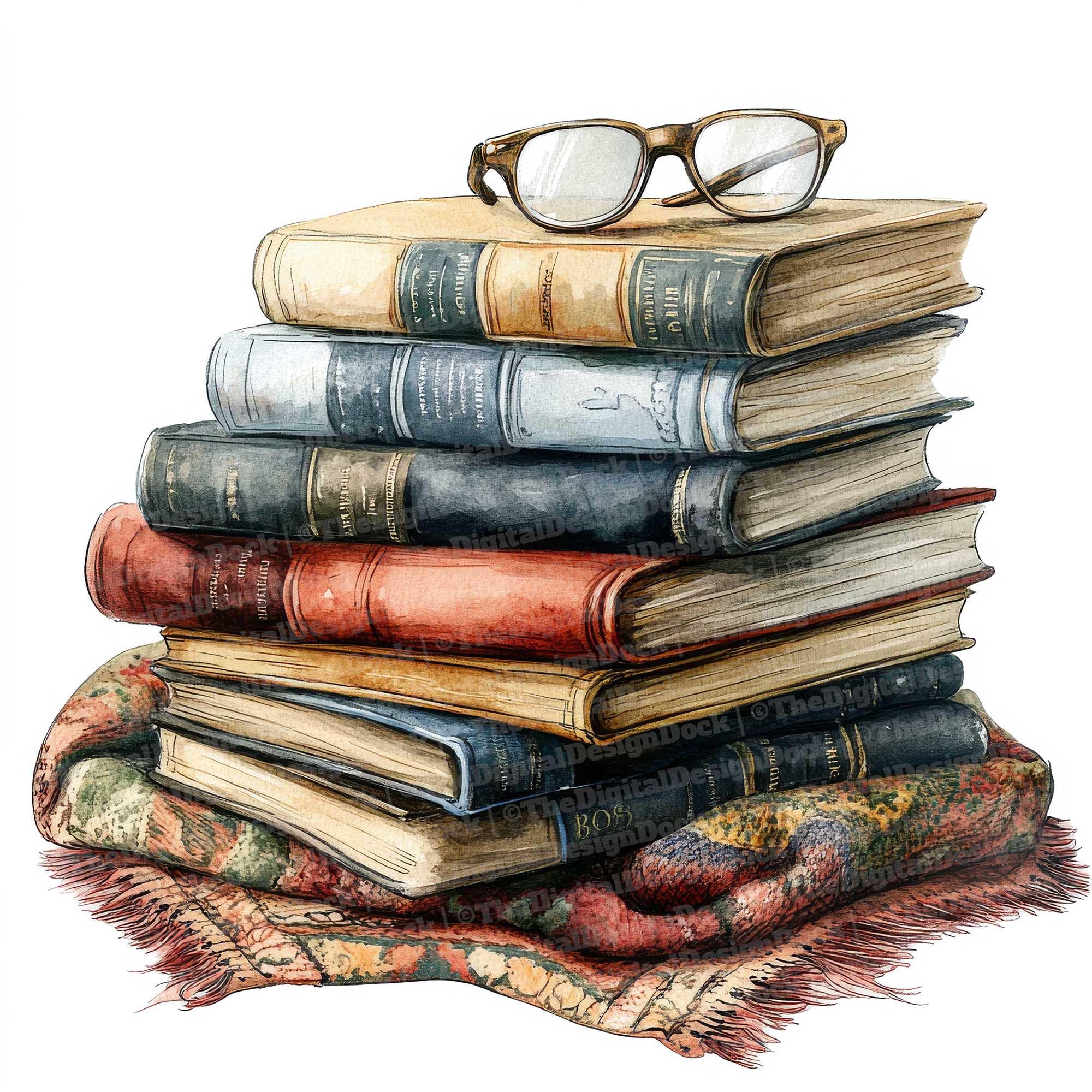 12 Vintage Books Clipart, Watercolor Stack of Books Illustration ...