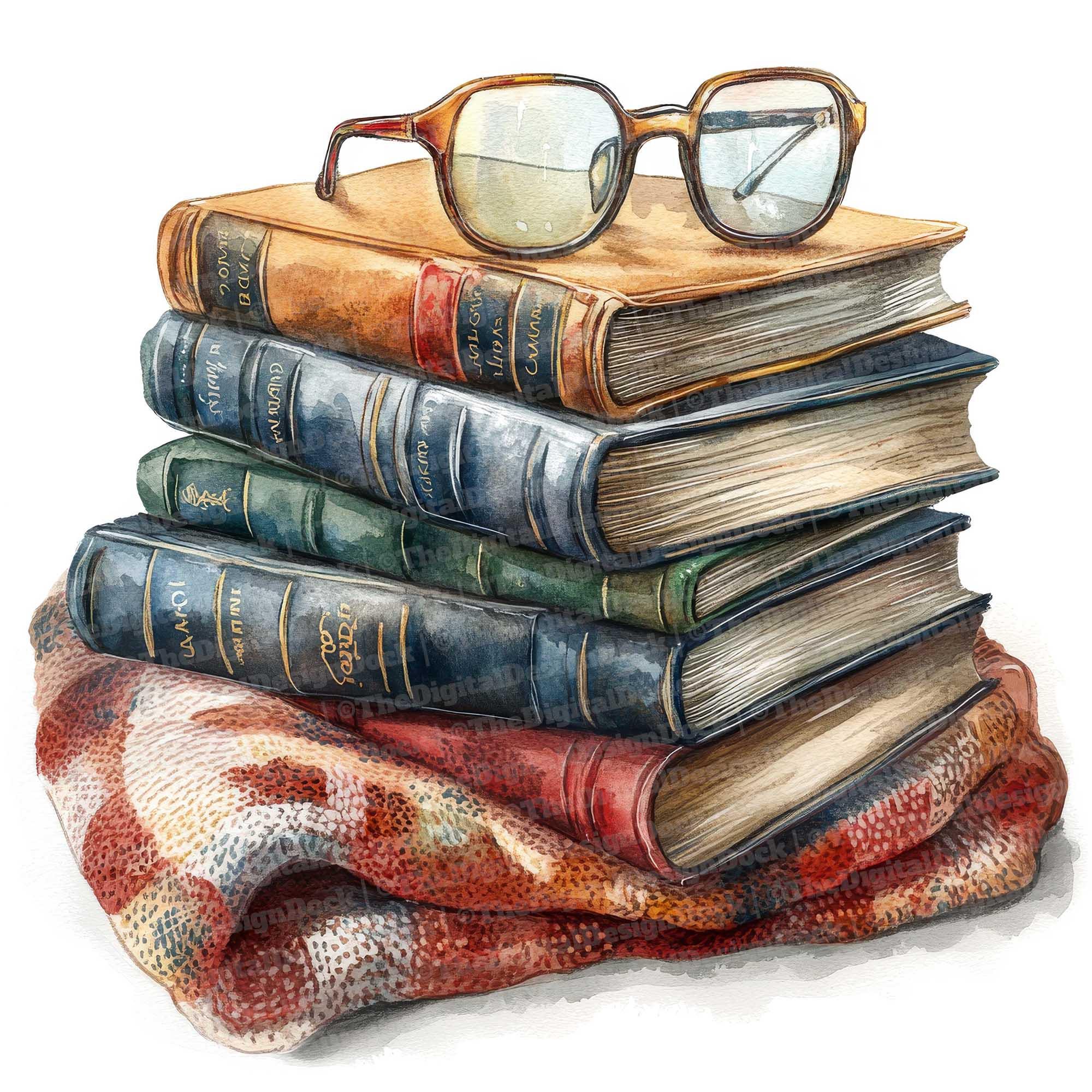 12 Vintage Books Clipart, Watercolor Stack of Books Illustration ...