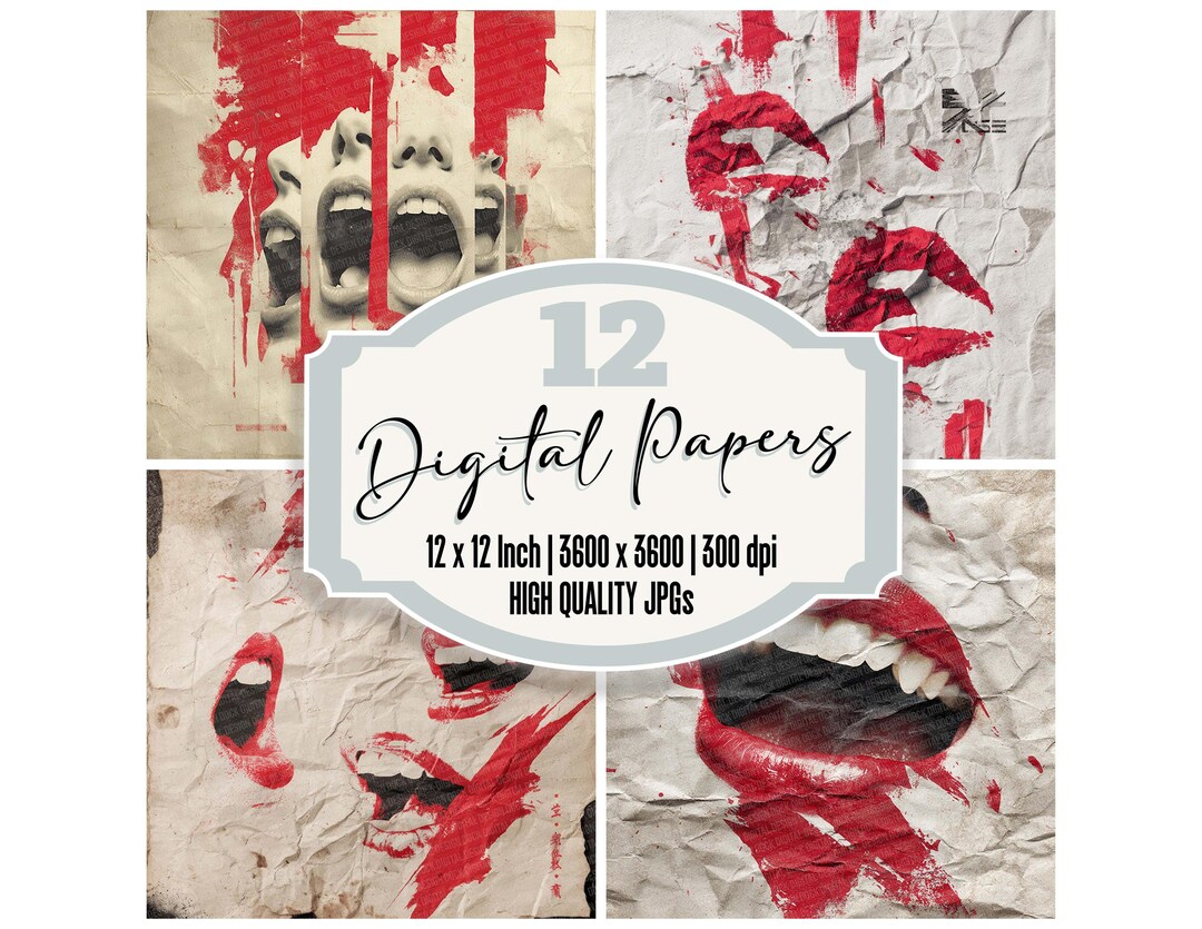 12x Rage Lips Junk Journal Paper Collage Digital Paper Pack High ...