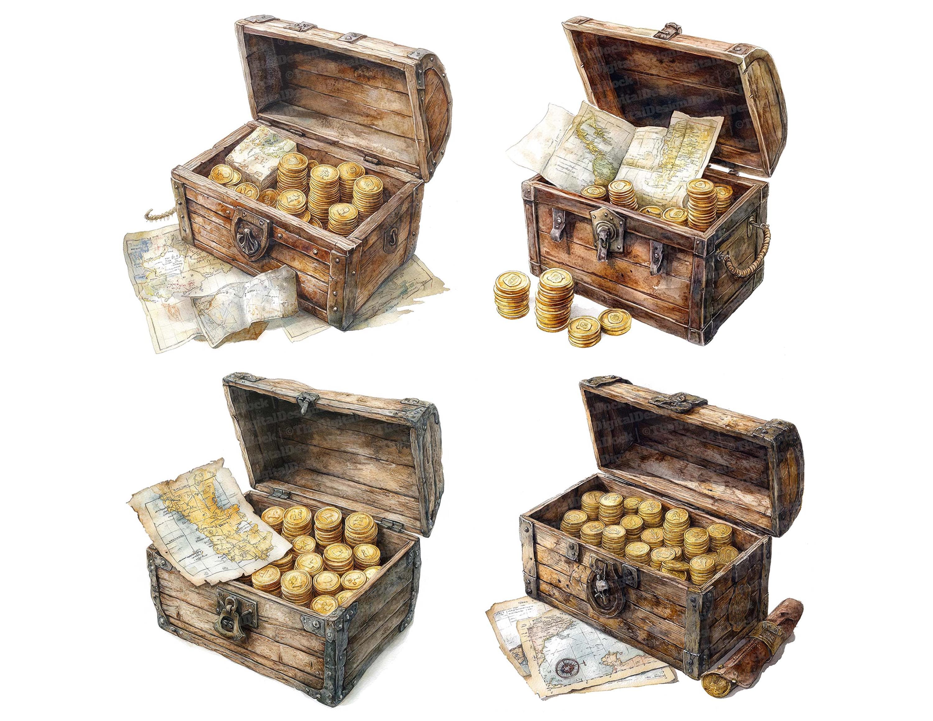 Treasure Map Chest Clip Art, 12x Gold Coins Maps Clipart Set, Printable ...