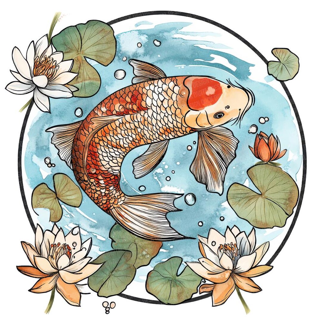 Folk Koi Fish Clip Art, 12x Koi With Lily Ring PNG Clipart Set ...