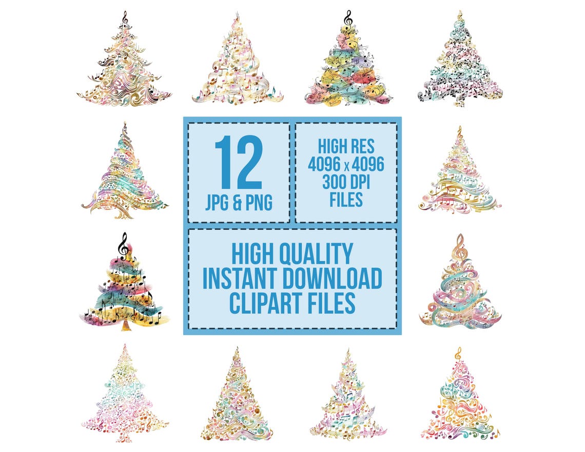 Christmas Tree PNG Clipart, 12x Colorful Music Trees Clip Art Set ...