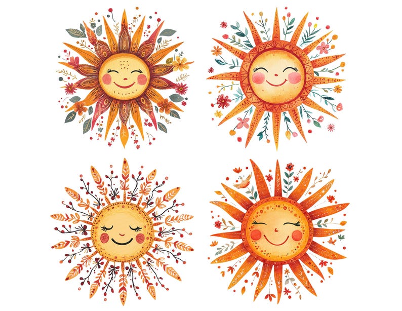 Folk Sun With Face PNG Clip Art, 12x Happy Sun Clipart Set, Watercolor ...