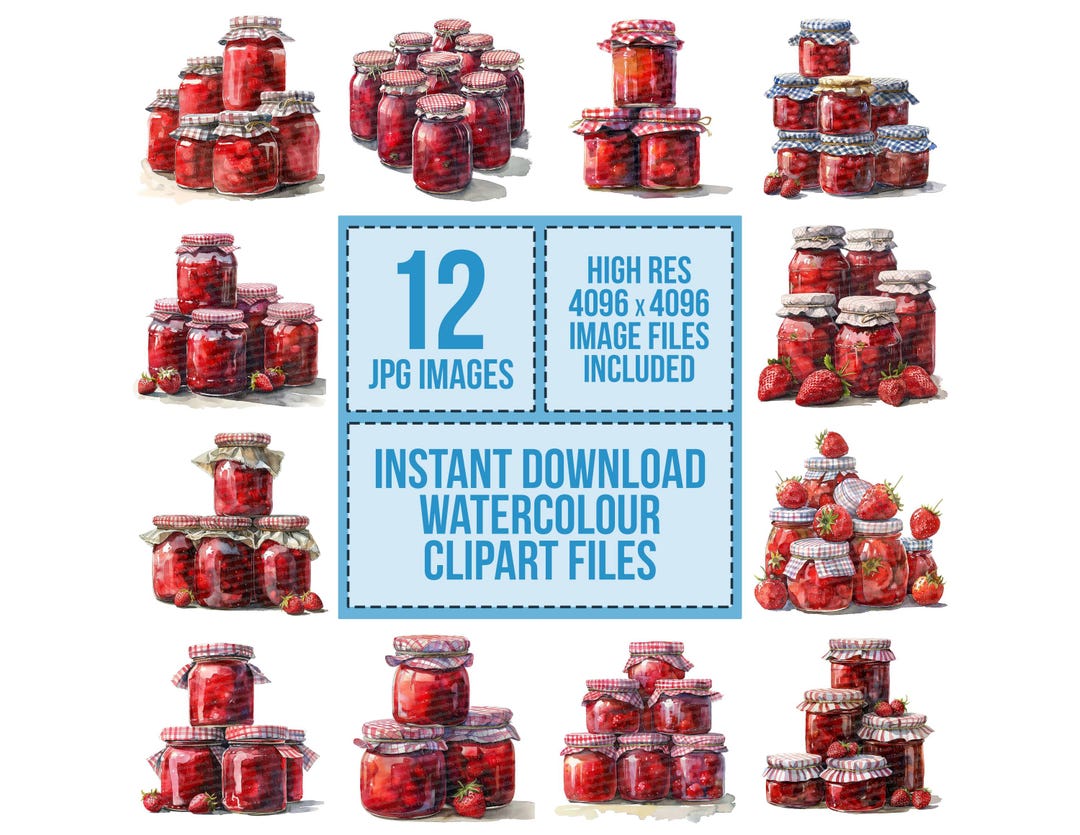12 Strawberry Jam Clipart, Watercolor Strawberry Preserves Clipart ...