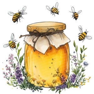 Honey Jar PNG Clip Art, 12x Folk Art Bee and Flower Clipart Set ...