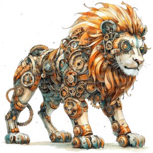 Steampunk Lion Clipart, Mechanical Animal Art,printable Watercolor ...