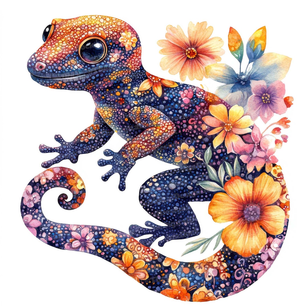 12x Floral Gecko Clipart, Gecko and Flowers Clipart, High Quality Jpgs ...