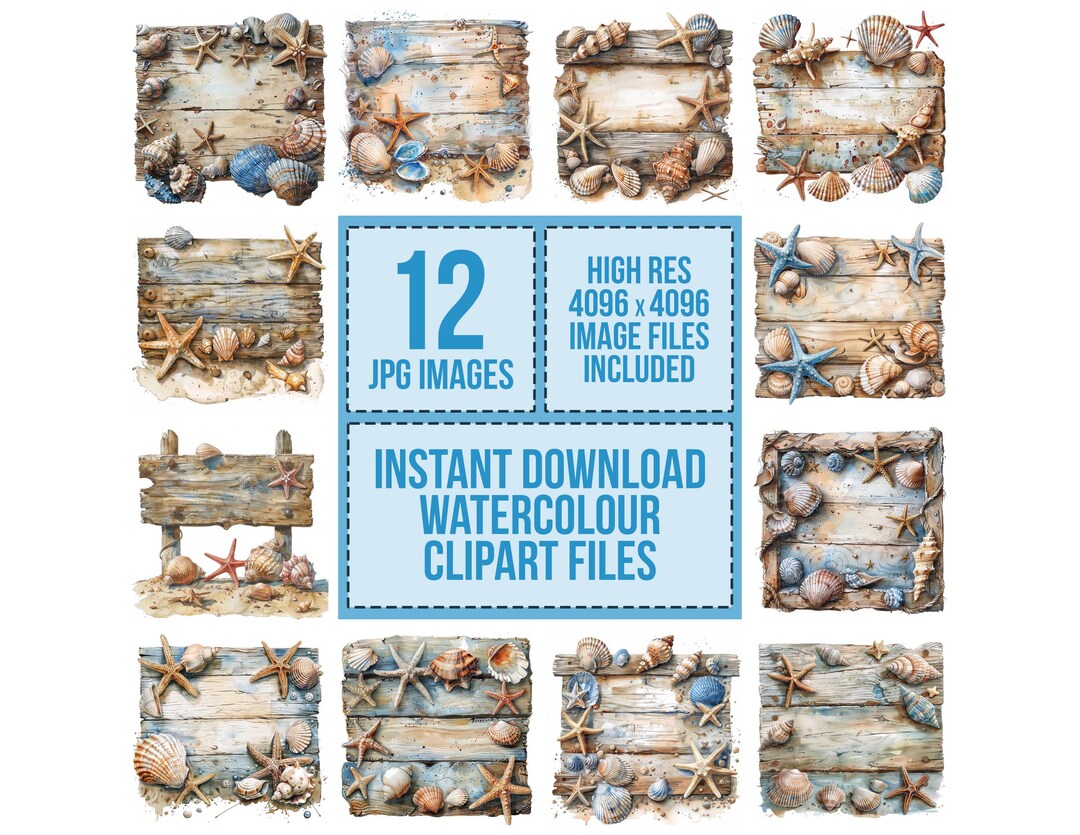 12 Seashell Beach Sign Clipart, Starfish and Shells Clipart, Printable ...
