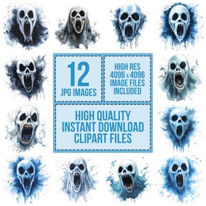 12x Scary Ghost Face Clipart, Halloween Mask Clipart, Printable ...