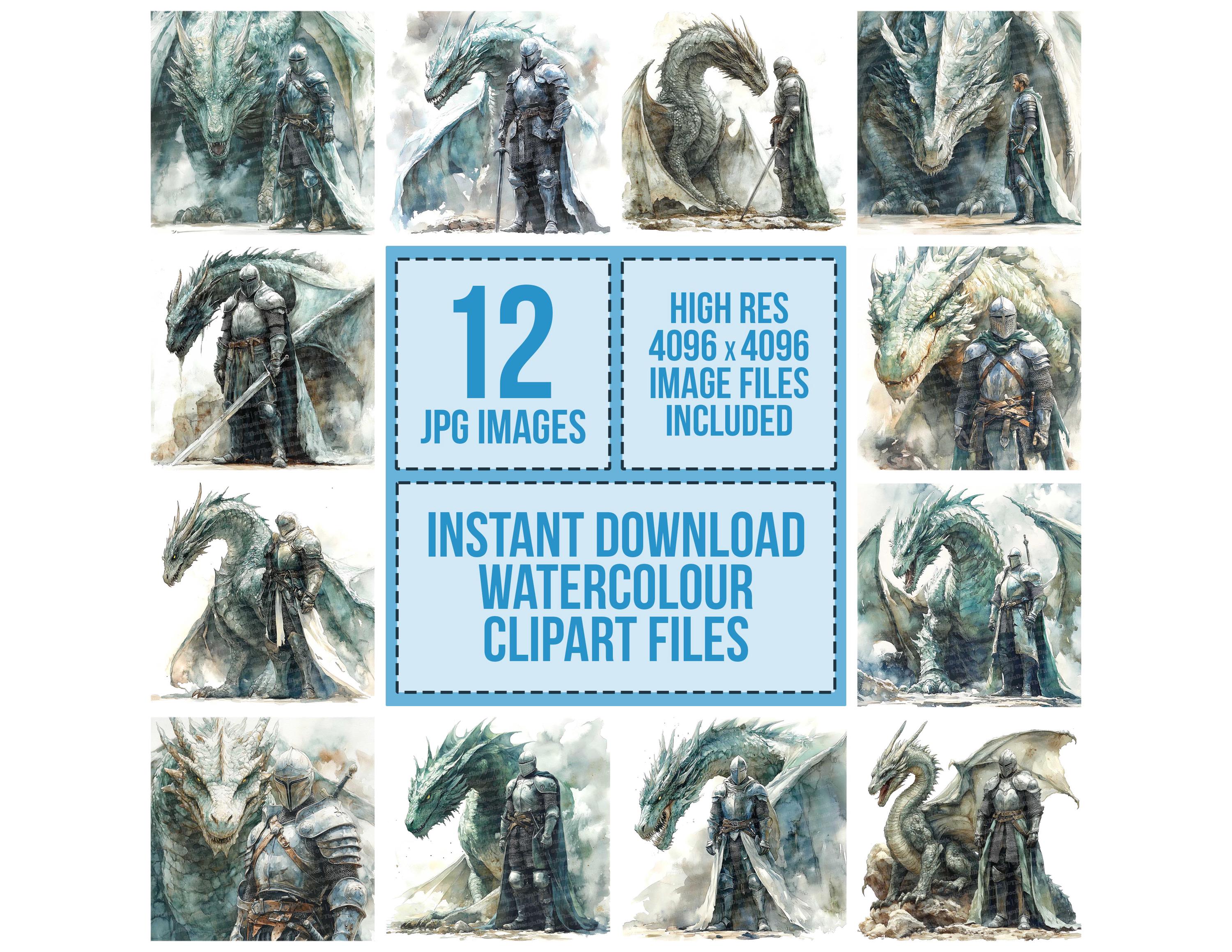 12 Knight and Dragon Clipart, Medieval Fantasy Clipart, Printable ...