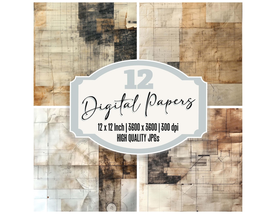 12x Ruined Draft Junk Journal Paper Blueprint Digital Paper Pack ...