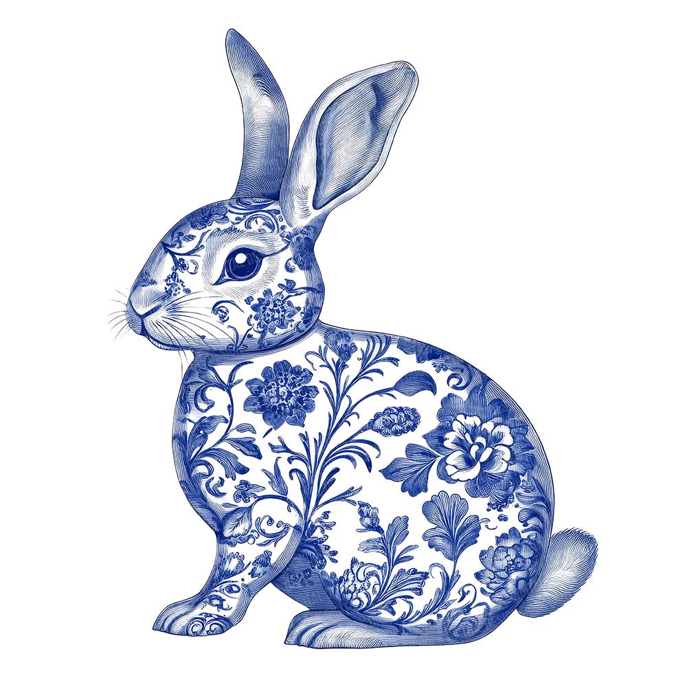 Delft Blue Rabbit Clipart, 12x Watercolor Bunny PNG Set, Floral Rabbit ...
