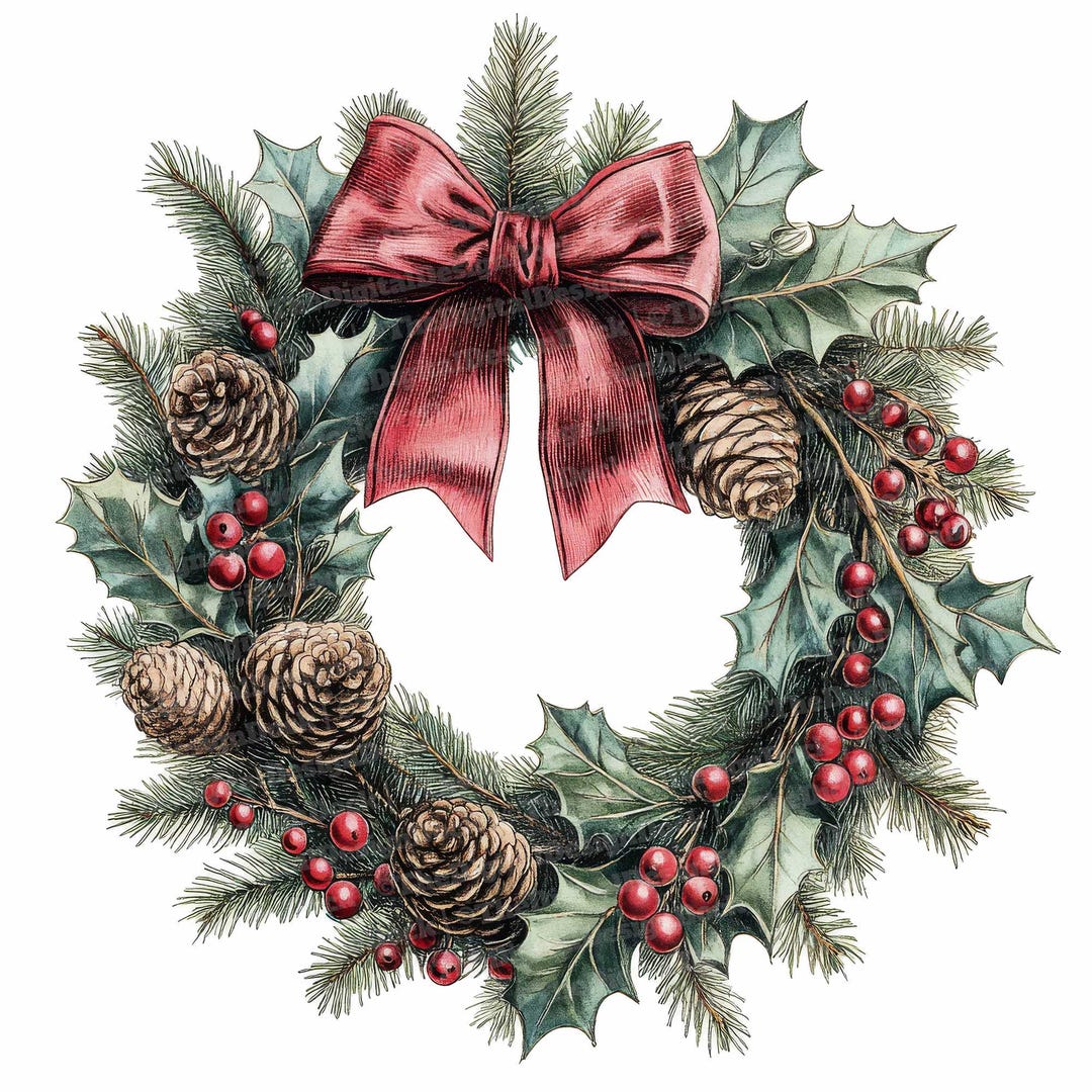 Vintage Christmas Wreath Clipart, 12x High Quality Jpgs, Watercolor ...