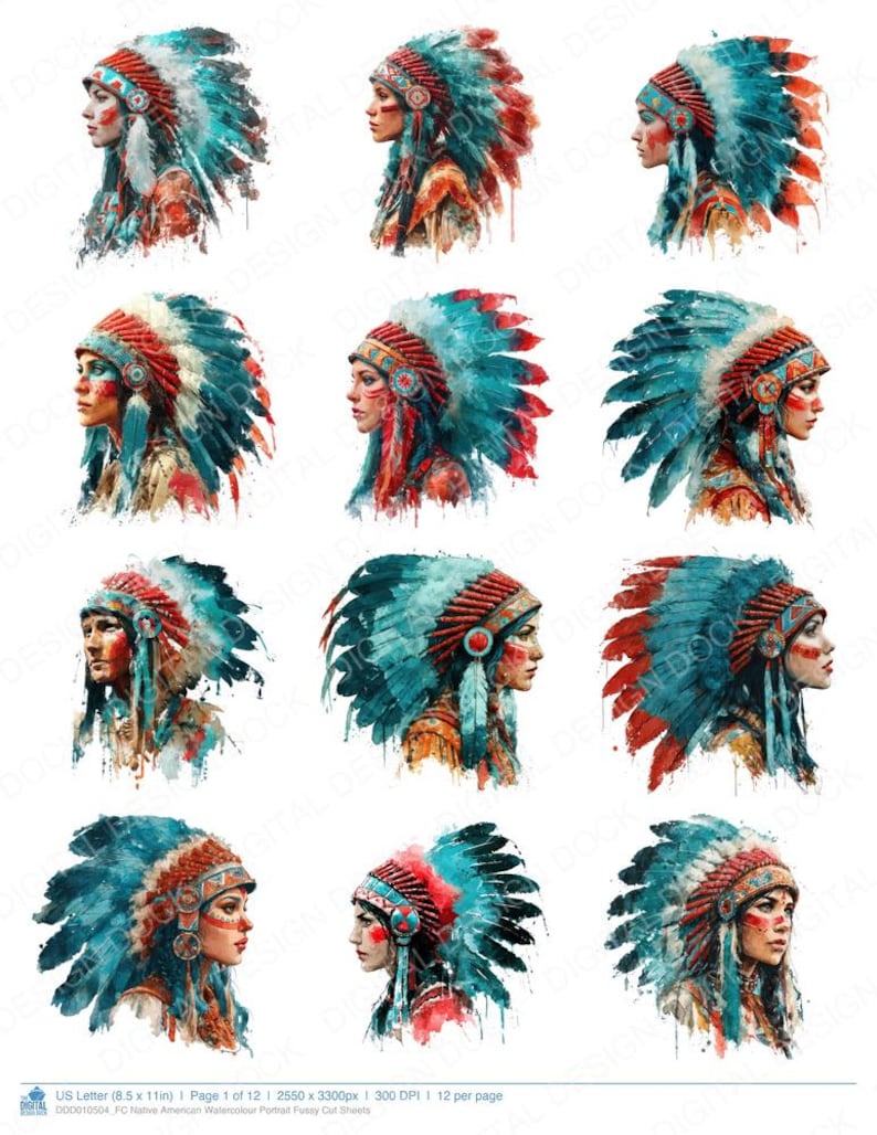 Native American Watercolour Portrait Fussy Cut Sheets, 12x Printable ...