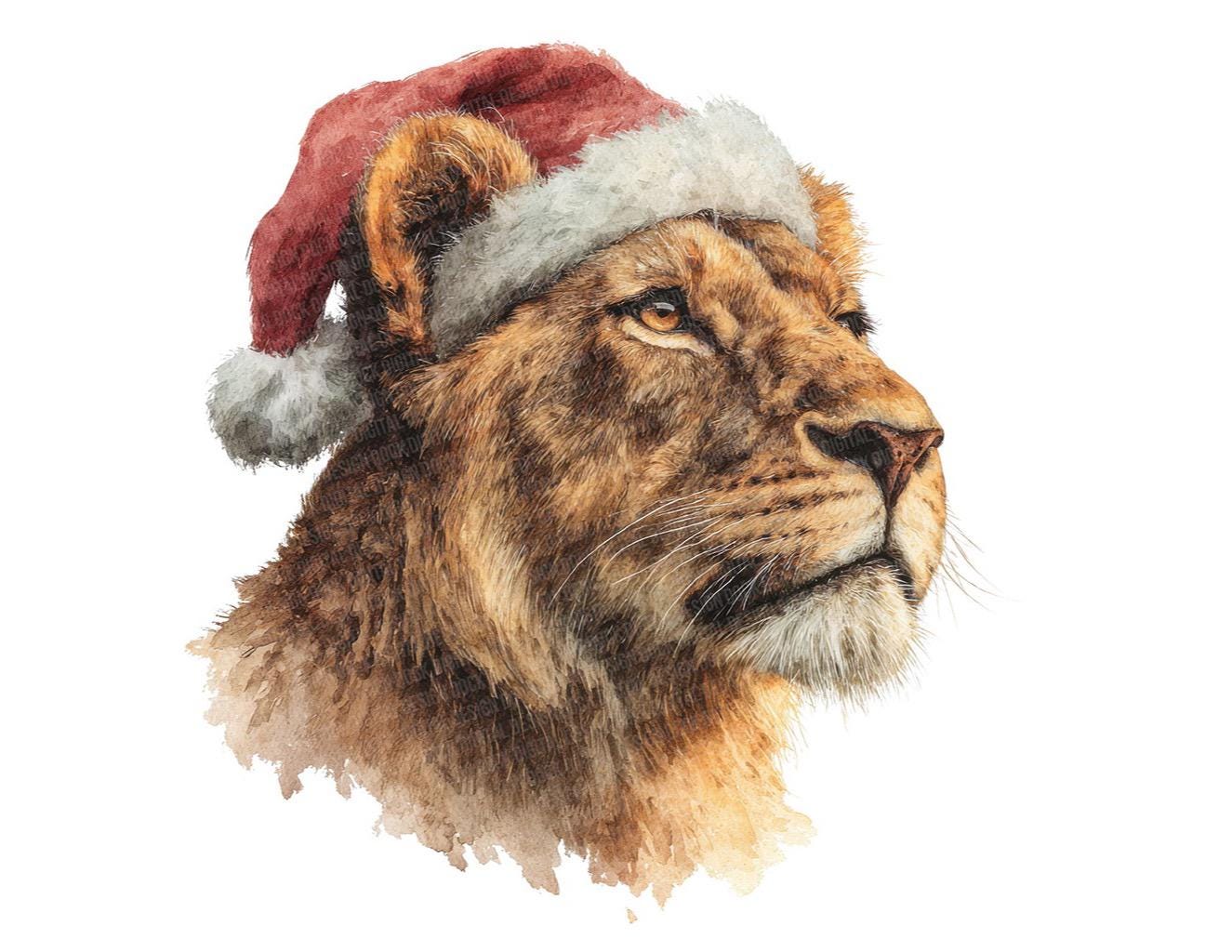 Lion Christmas Clipart, 12x Santa Hat Lion PNG Clip Art Set, Printable ...