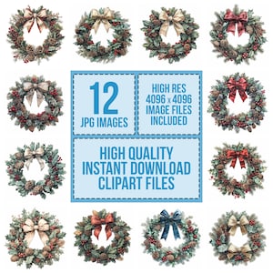 Vintage Christmas Wreath Clipart, 12x High Quality Jpgs, Watercolor ...