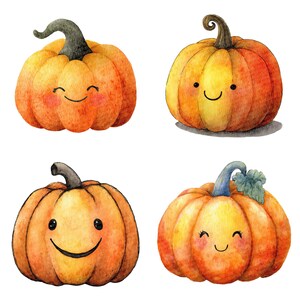 12x Cute Pumpkin PNG Clipart, Watercolor Smiling Pumpkins Clip Art Set ...