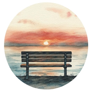 12 Beach Bench PNG Clipart, Watercolor Coastal Scene Art, Ocean View ...