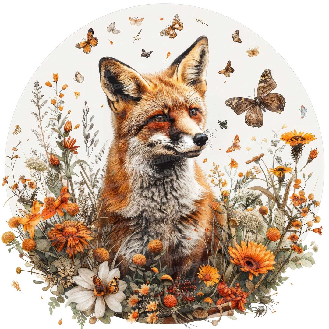 12x Vintage Fox Clipart, Floral Woodland Foxes Clipart, Printable ...