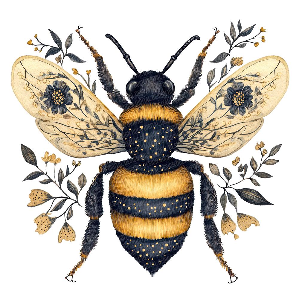 Folk Bee PNG Clipart, 12x Floral Bumblebee Clip Art Set, Printable ...