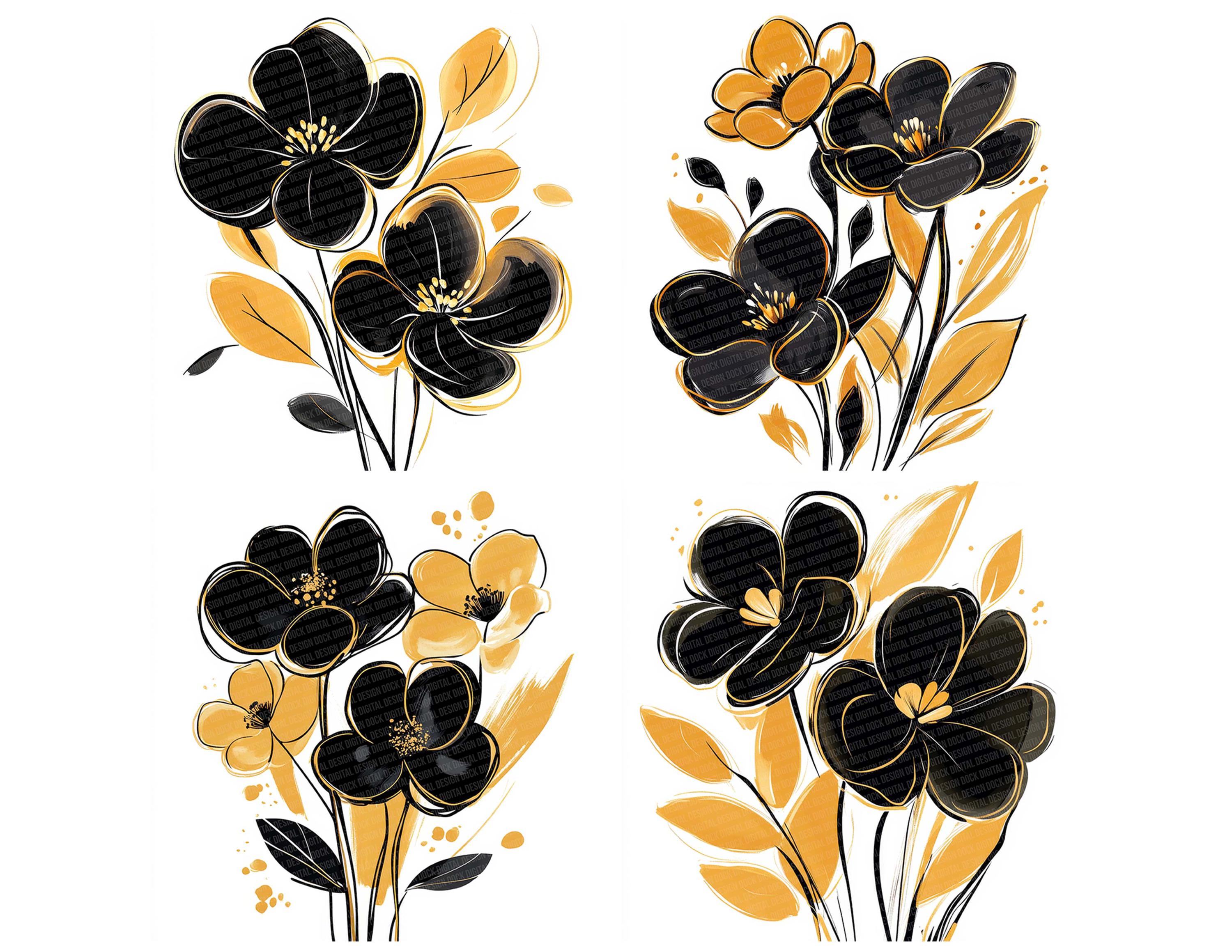 Black & Gold Floral Clip Art, 12x Modern Flowers PNG Clipart Set ...
