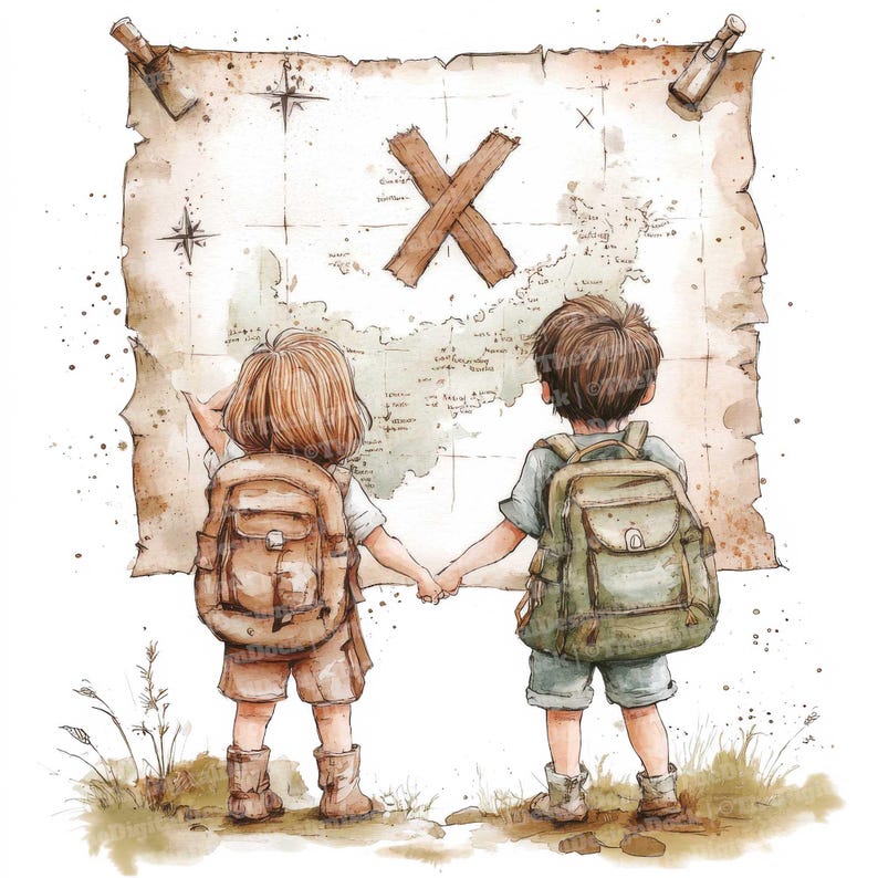 Adventure Kids Clip Art, 12x Watercolor Kids With Map Clipart Set ...