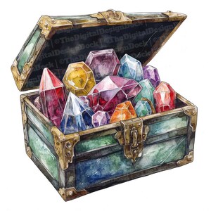 Treasure Chest Clip Art, 12x Gemstone Treasure Clipart Set, Watercolor ...