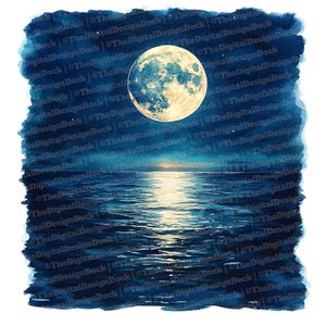 12 Moon Over Water Clipart, Watercolor Full Moon Reflection, Printable ...