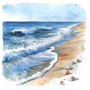 12 Beach Scene Clipart, Watercolor Ocean Waves Clipart, Printable ...