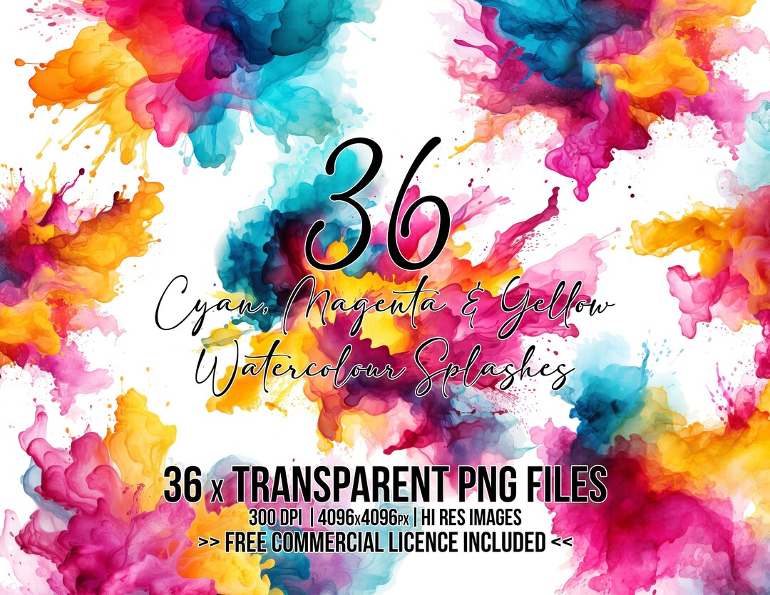 Watercolor Splash Clipart, 36 Pngs, RGB Ink, Transparent Png, Alcohol ...