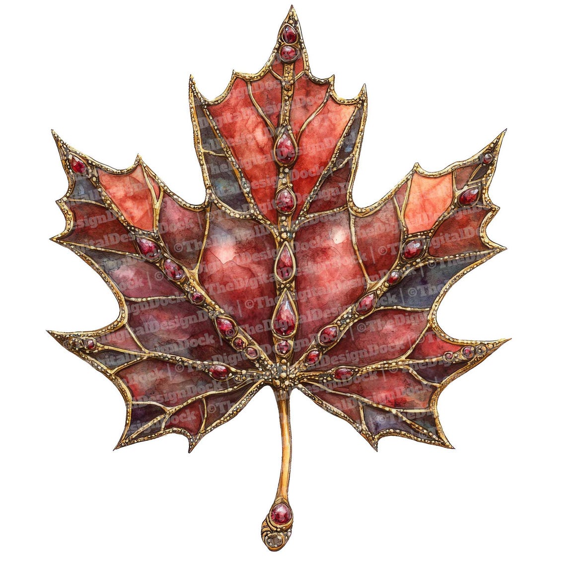 Jeweled Maple Leaf Clip Art, 12x Watercolor Leaf With Gems Clipart Set ...
