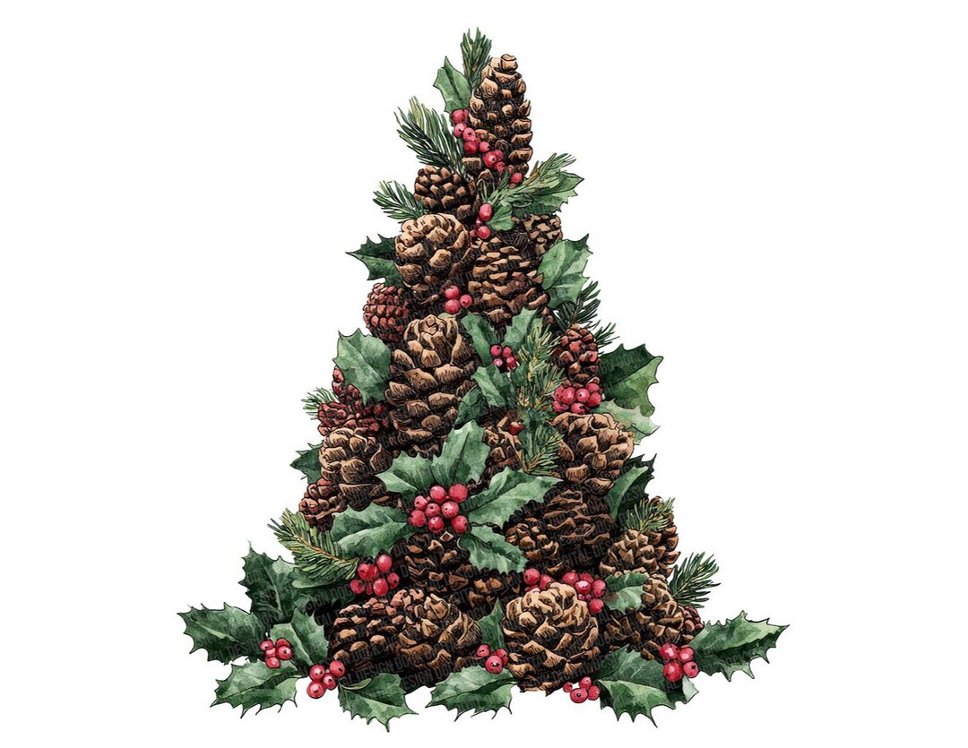 12x Pinecone Holly Christmas Tree PNG Clipart, Watercolor Holiday Tree ...