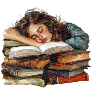 Sleeping Reader PNG Clipart, 12x Woman Asleep on Books Clip Art Set ...