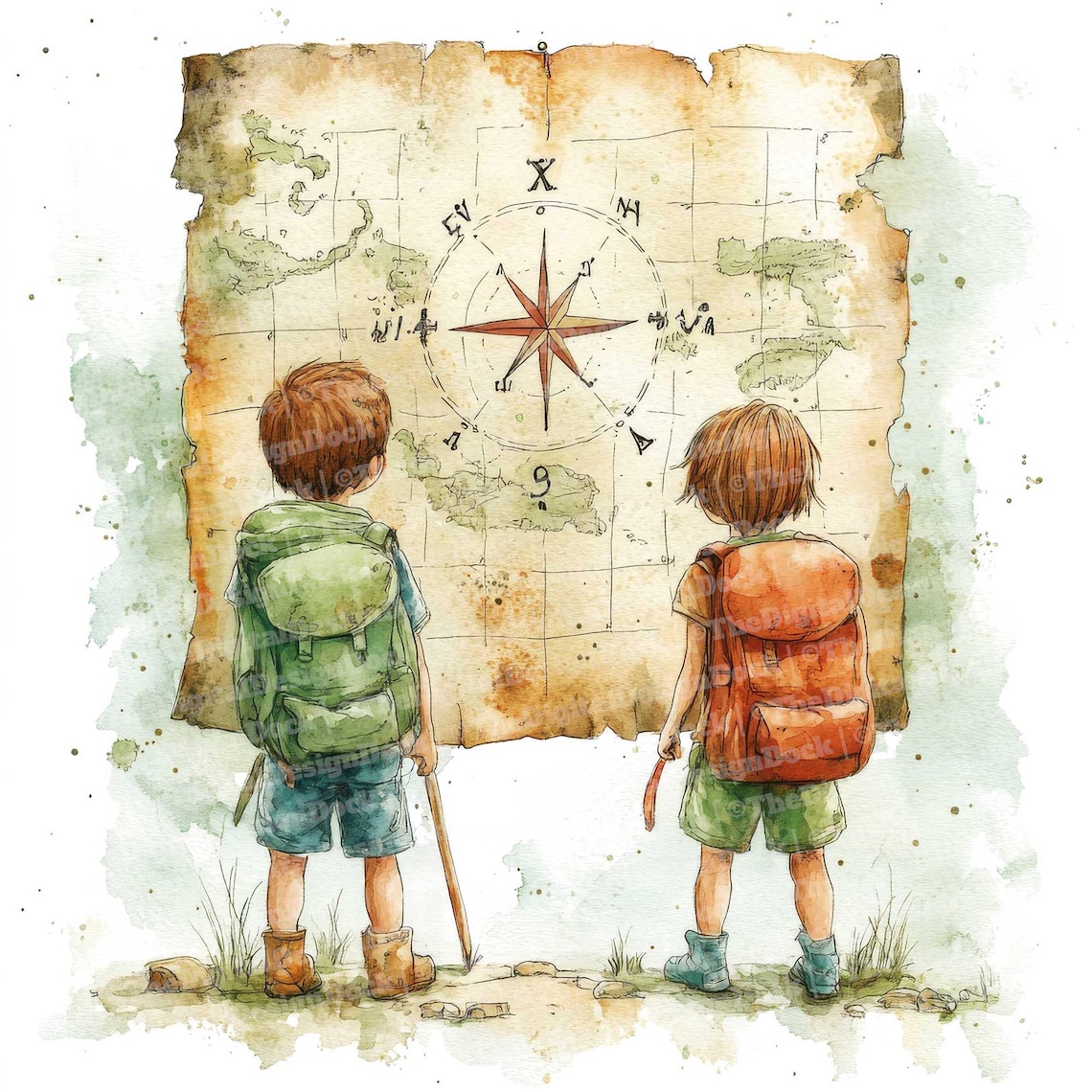 Adventure Kids Clip Art, 12x Watercolor Kids With Map Clipart Set ...