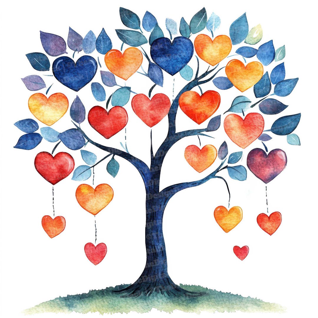 Heart Tree Clipart, 12x Autumn Love Tree Clipart, Watercolor Clipart ...