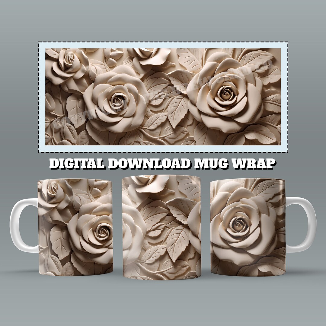 3D Embossed White Roses Mug Wrap, 11oz & 15 Oz Mug Sublimation Design ...