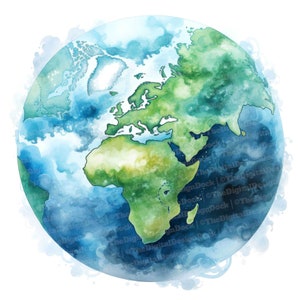 Earth Map Clipart, 12 Jpgs, Planet Earth Watercolor Clipart, Printable ...