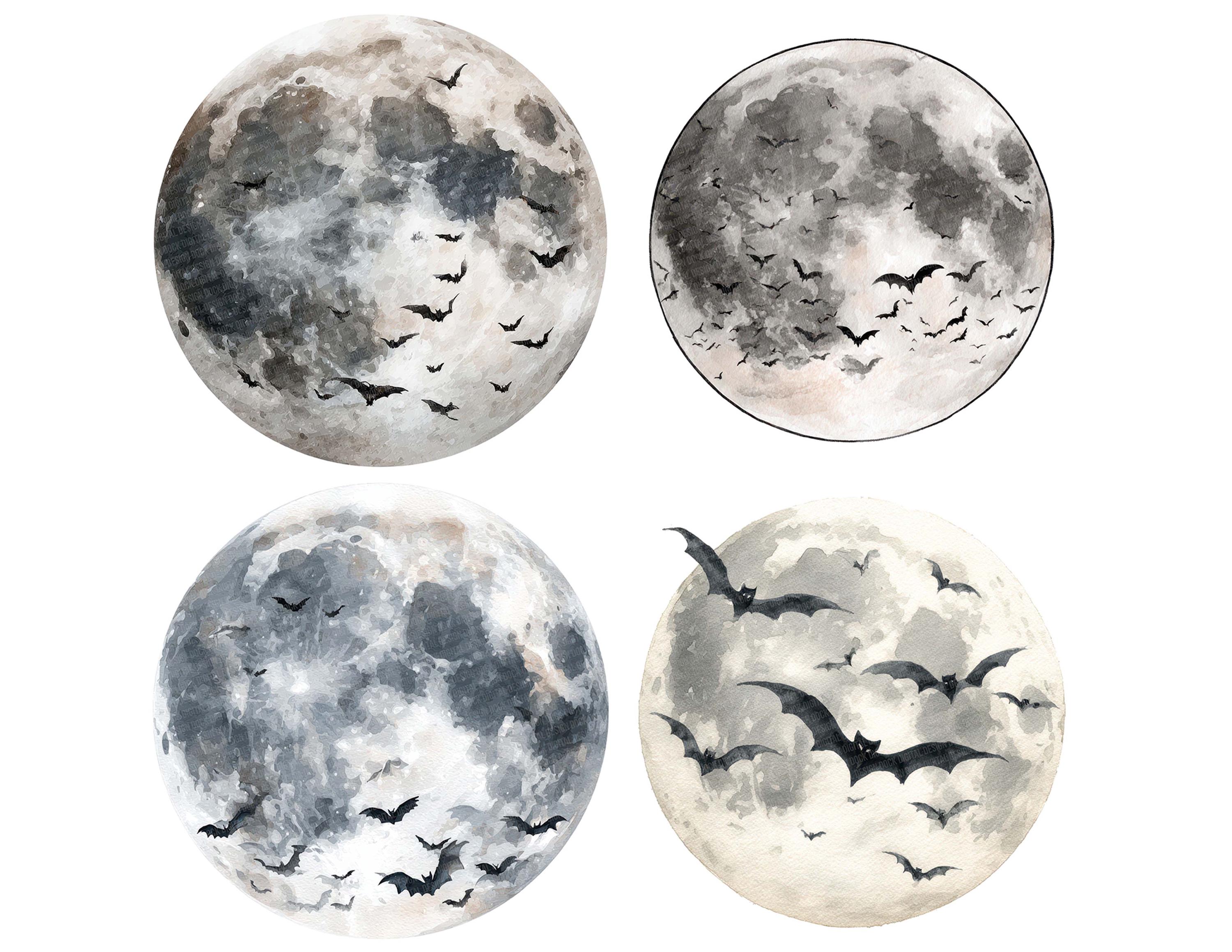 12 Full Moon PNG Clipart With Bat Silhouettes, Halloween Watercolor ...
