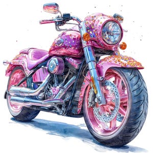 12x Pink Motorcycle Clipart, Watercolor Gem Studded Motorbike ...