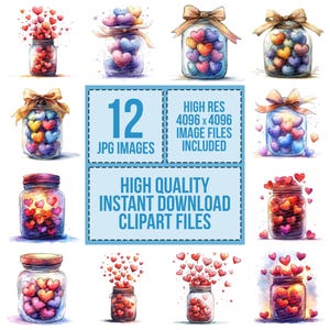 12x Jar of Heart Clipart, Watercolor Hearts in a Jar, Love Clipart ...
