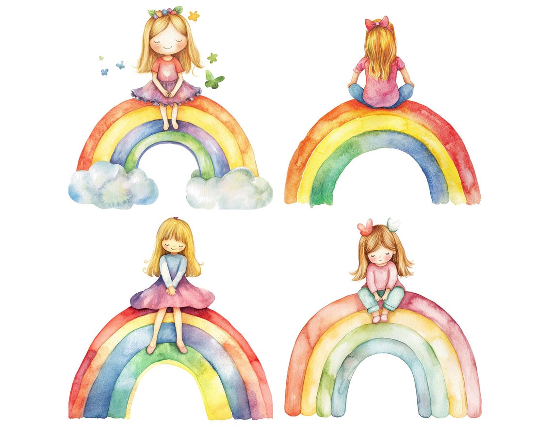 Watercolor Girl on Rainbow PNG Clip Art, 12x Colorful Kids ...