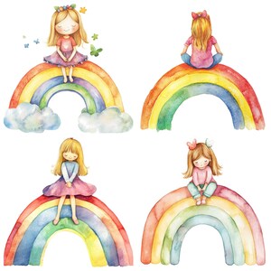 Watercolor Girl on Rainbow PNG Clip Art, 12x Colorful Kids ...